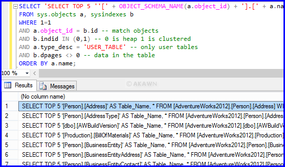 Viewing sample rows in all used tables – AKAWN